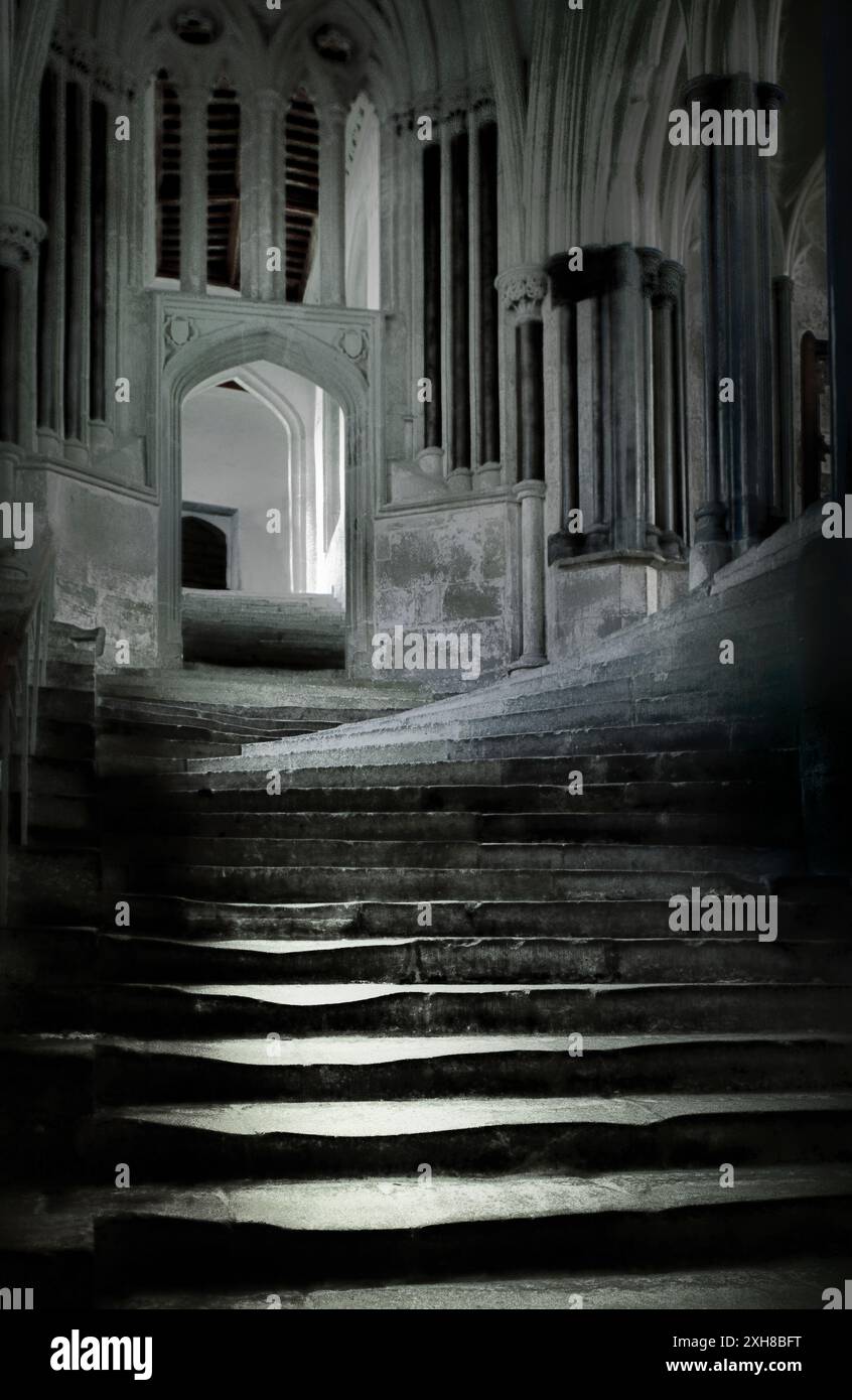 Wells Cathedral. The time worn Chapter House stone steps known as the ...