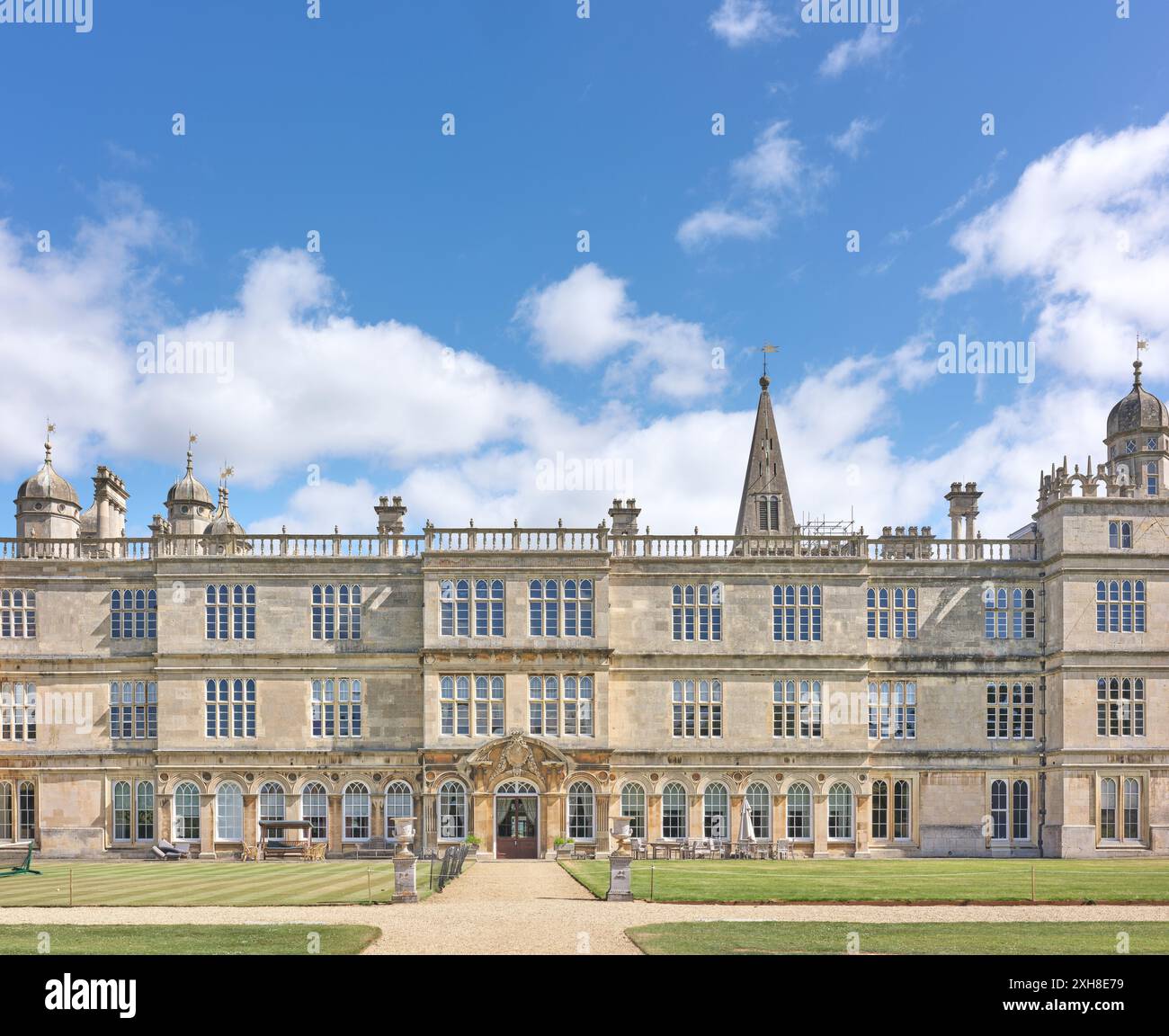 South facade of Burghley House, a sixteenth century mansion built by ...