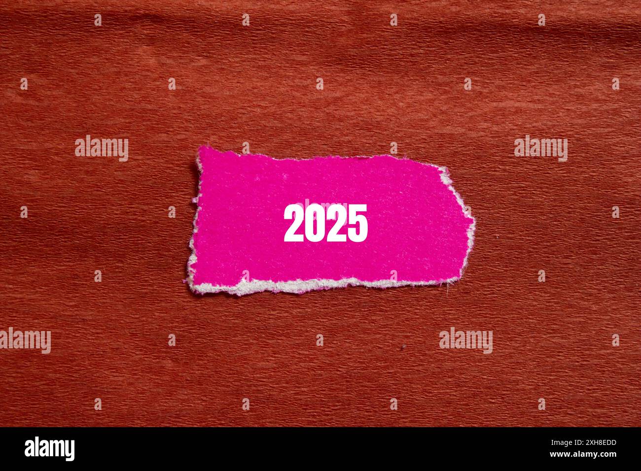 2025 message written on ripped torn pink paper piece with brown background. Conceptual 2025 ...
