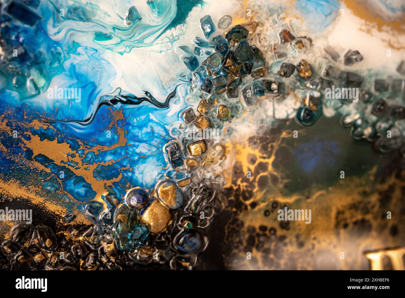 Close up, epoxy resin picture texture with mineral stones, colorful ...