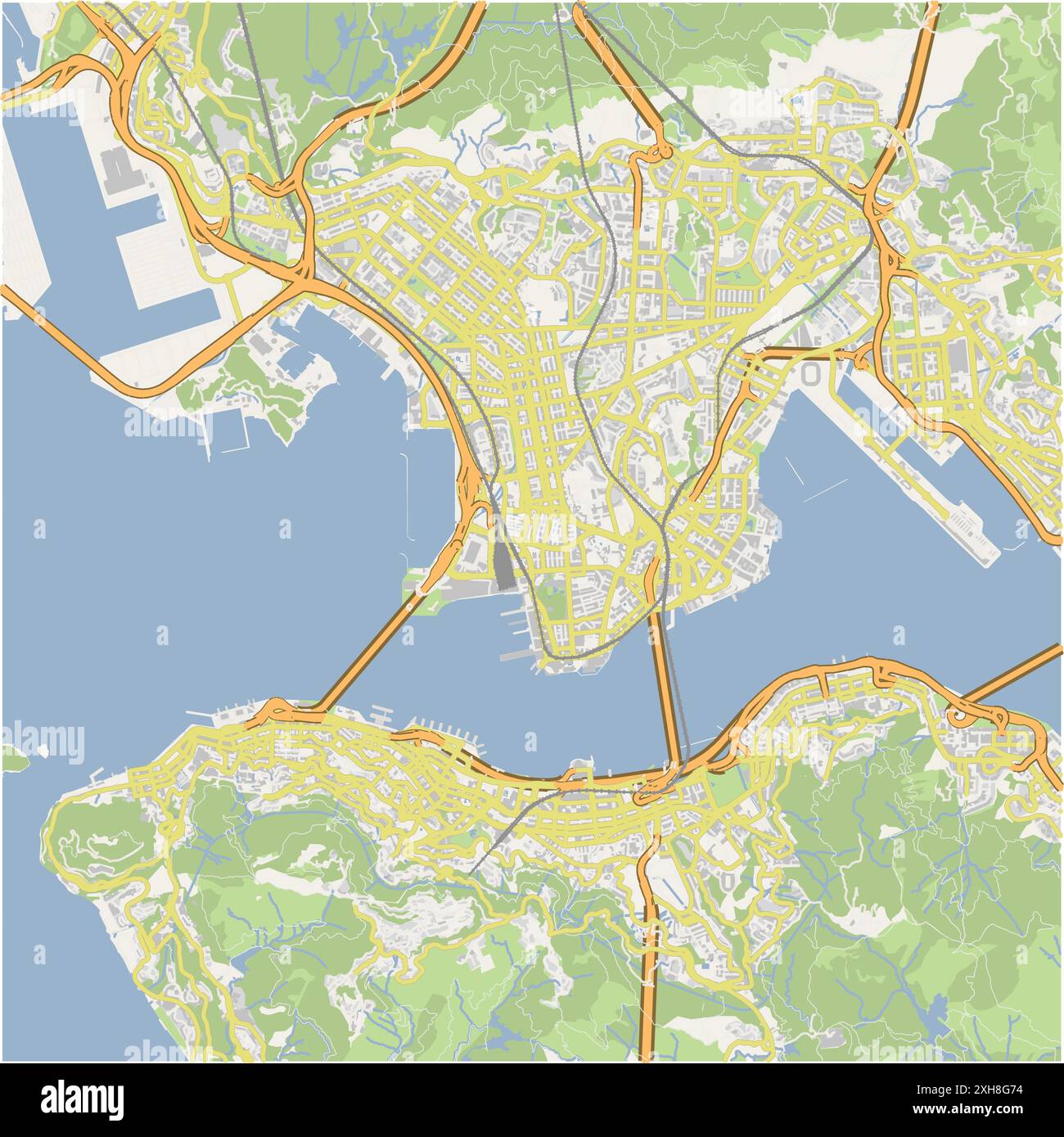 Road map of Hong Kong in China. Contains layered vector with roads water, parks, etc Stock ...