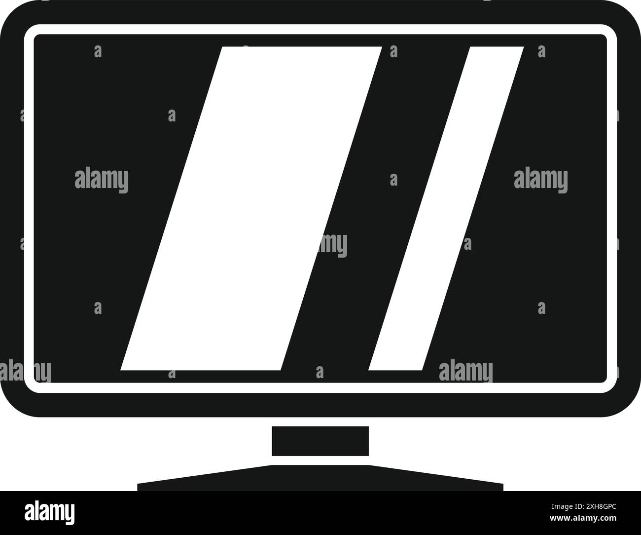 Simple, bold icon of a computer monitor with black and white stripes on the screen, conveying a ...