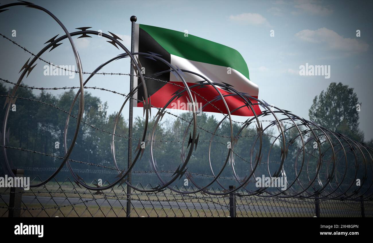Barbed wire fence and flag of Kuwait - 3d illustration Stock Photo - Alamy