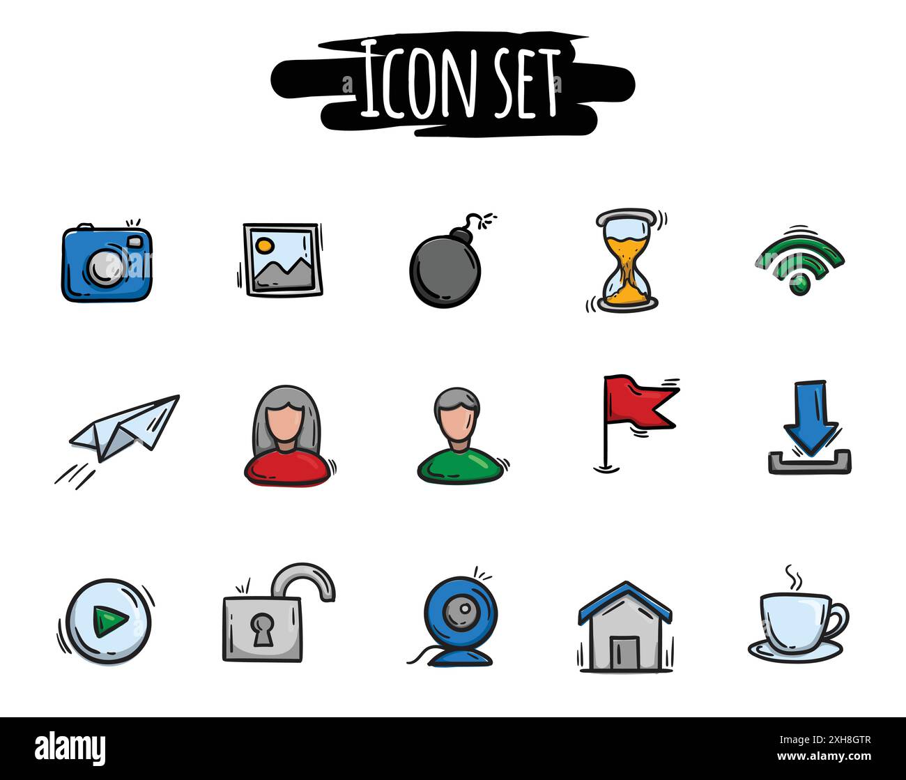 Vector set of colored hand drawn icons. Signs and symbols related to ...