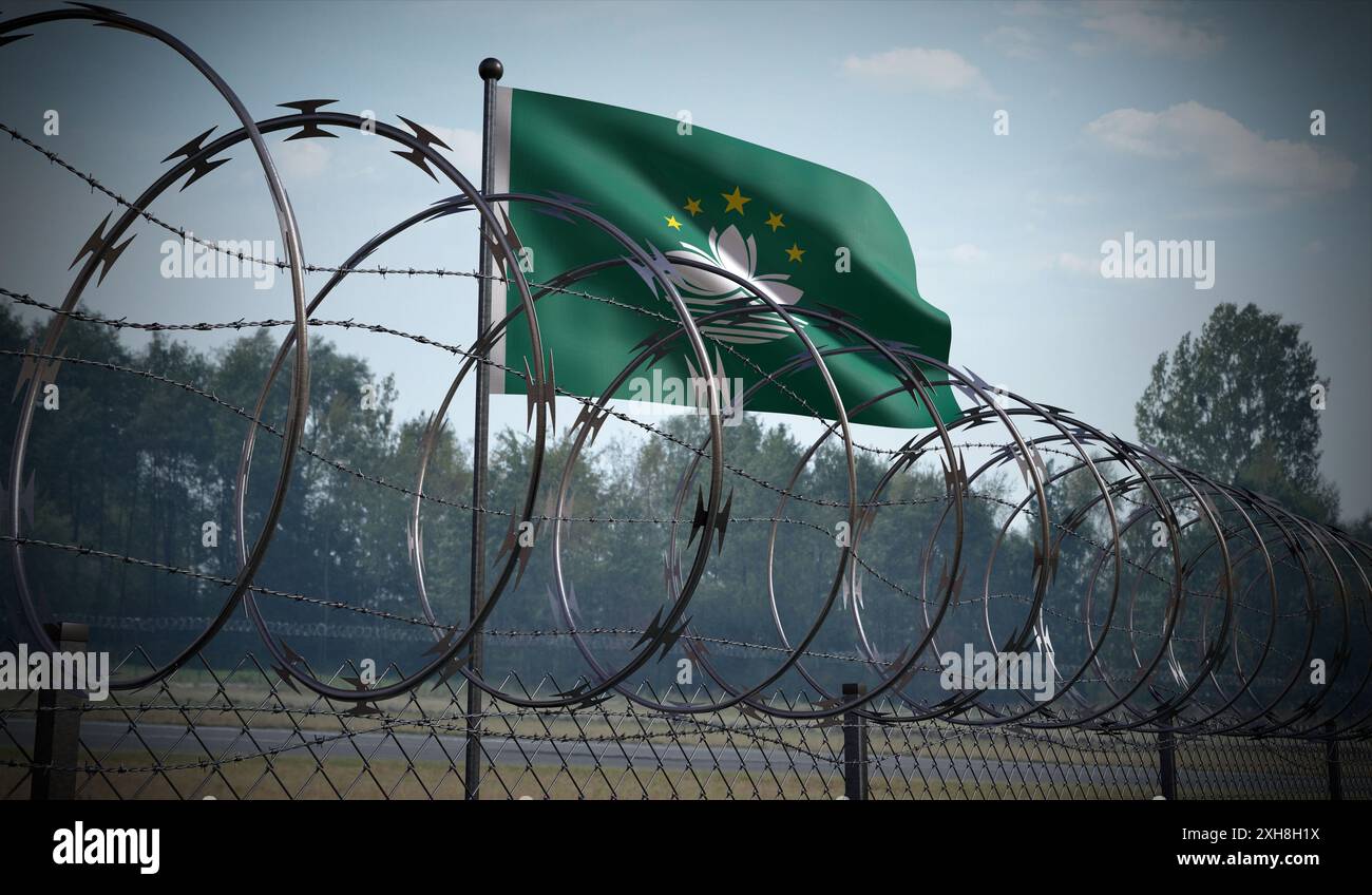 Barbed wire fence and flag of Macau - 3d illustration Stock Photo - Alamy