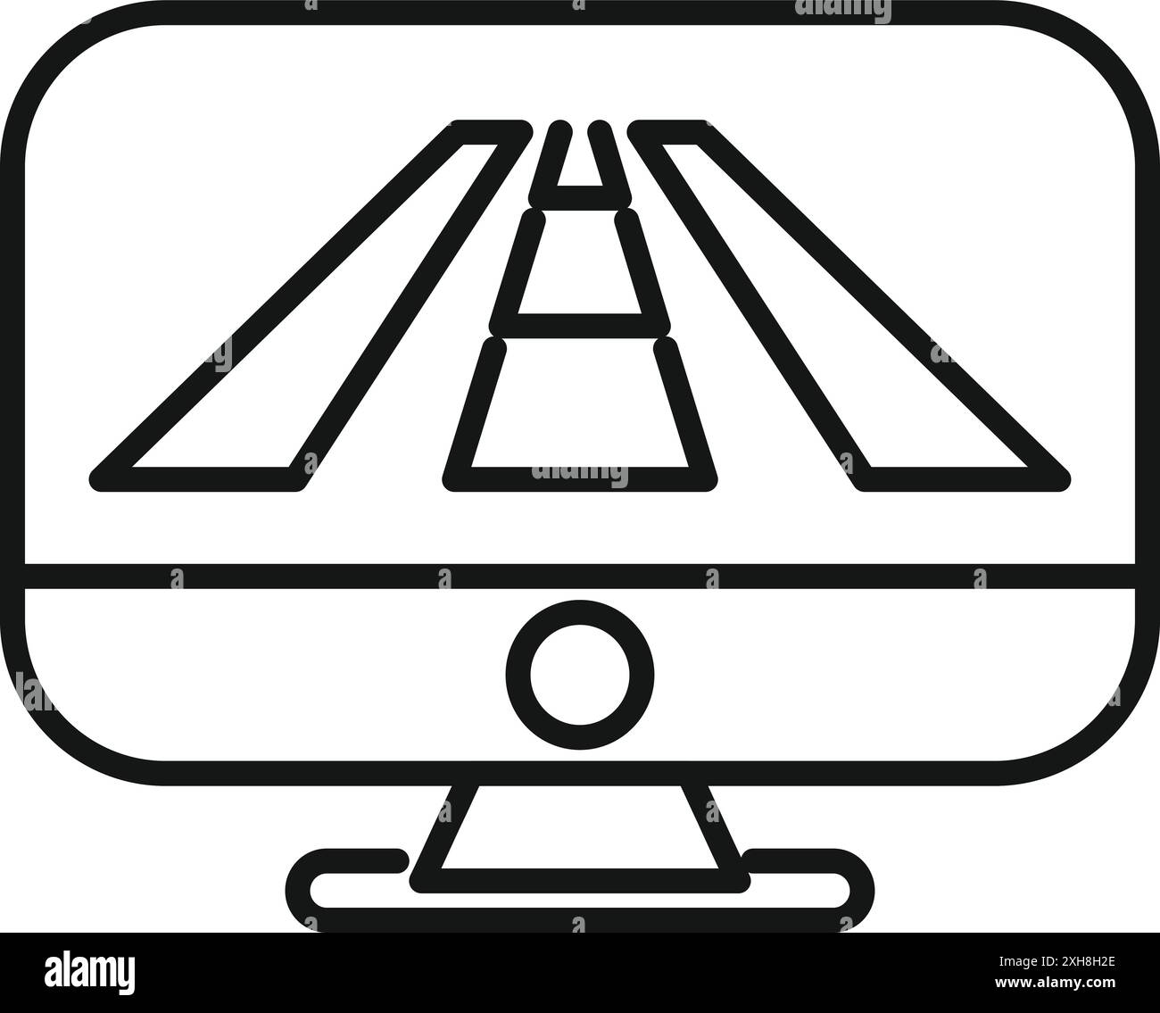 Line art icon of a computer screen displaying a road marking, symbolizing the development of ...