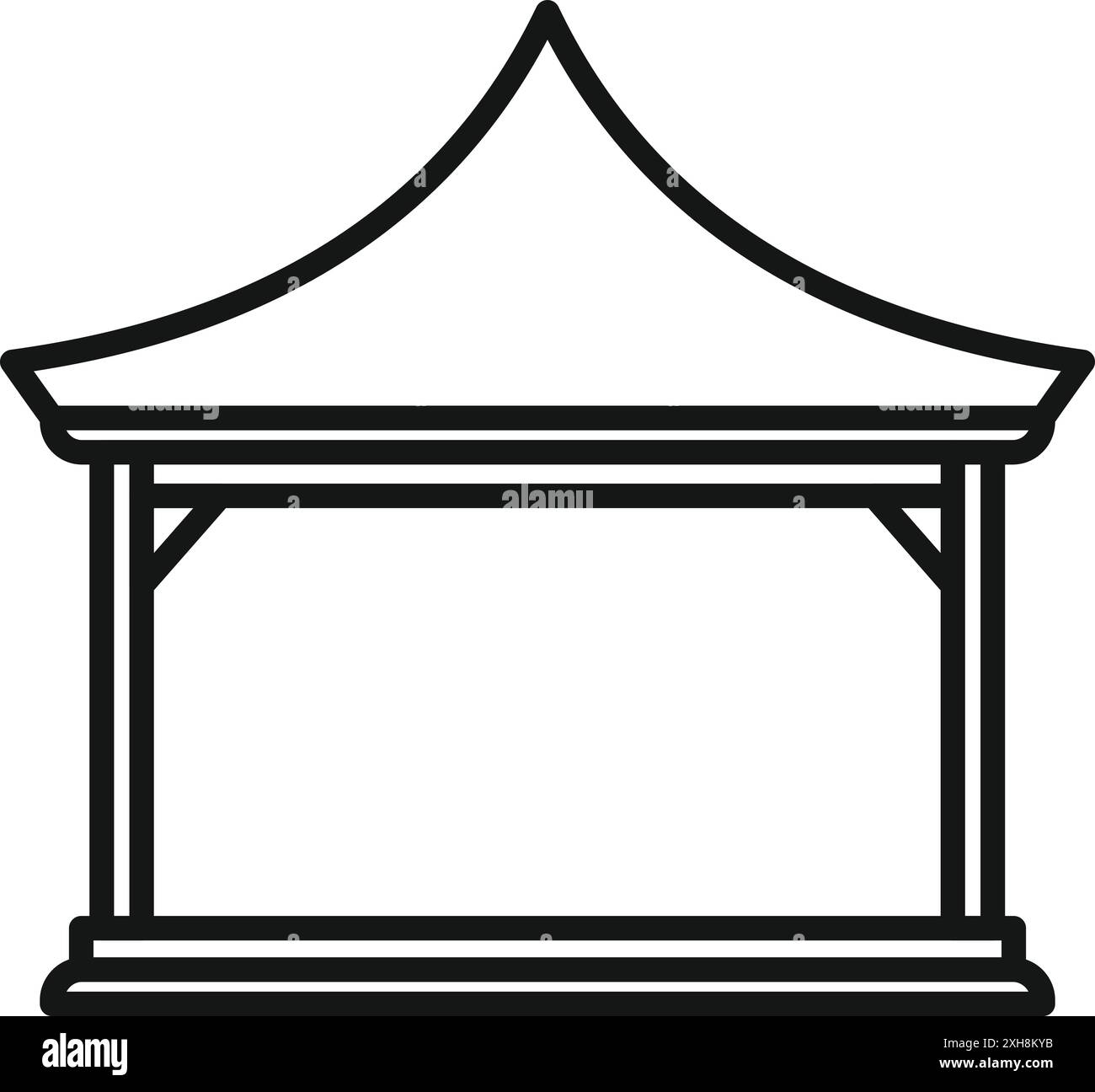 Simple black and white line drawing of a wooden pagoda with a pointed ...