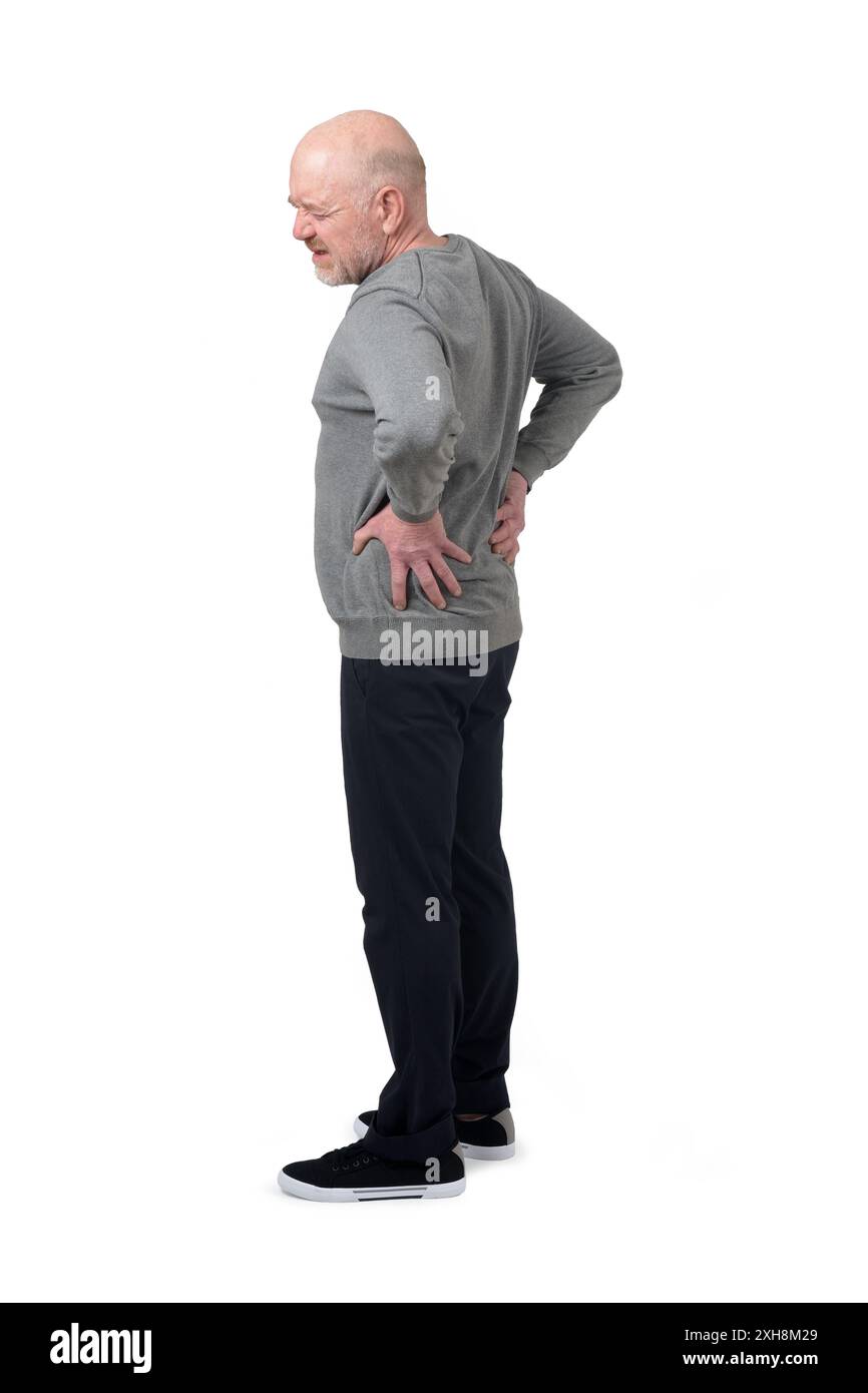 side view of a adult man pain on back on white background Stock Photo ...