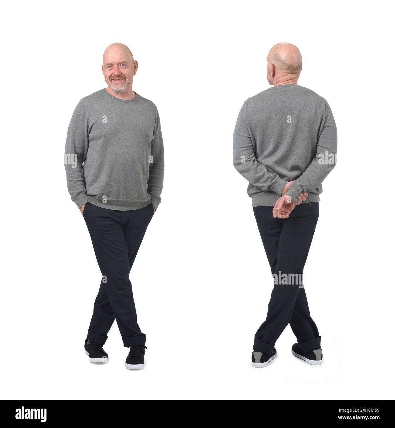 front and back view of same man standing, happy and looking at camera ...