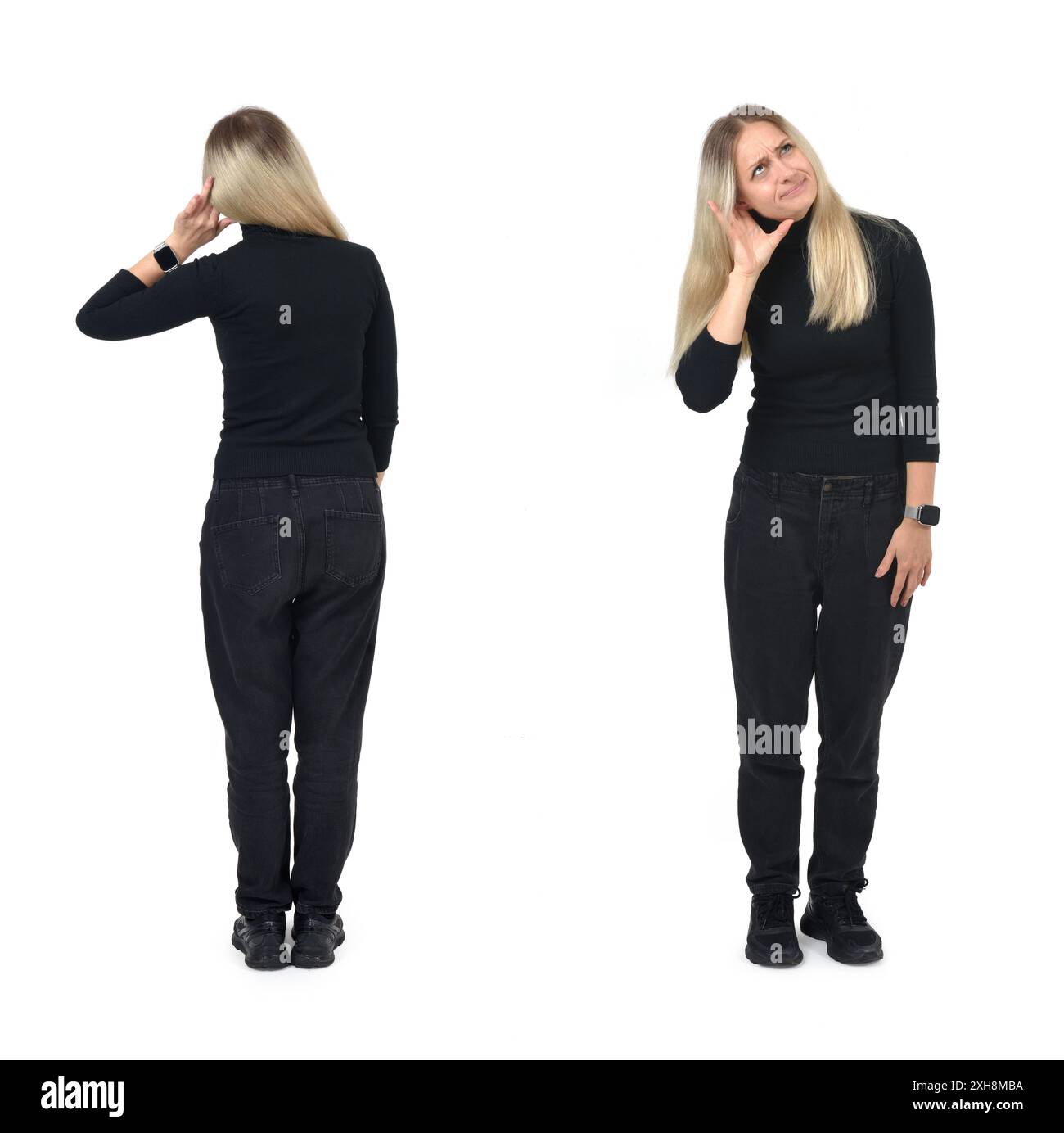 front and back view of same woman with hand on ear who is listening and ...