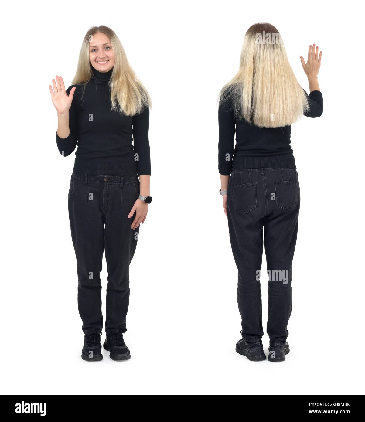 front and back view of same standing woman greeting on white background ...