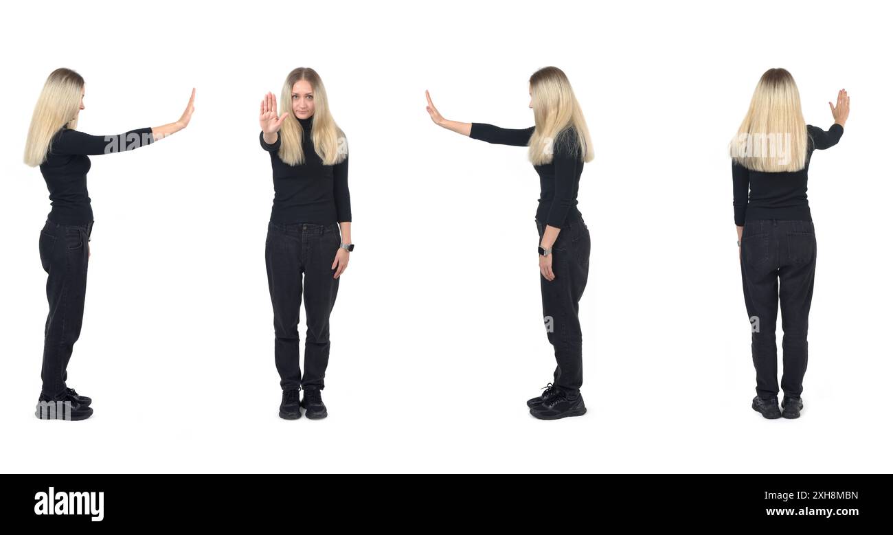 various poses of the same woman showing the stop sign with her hands ...
