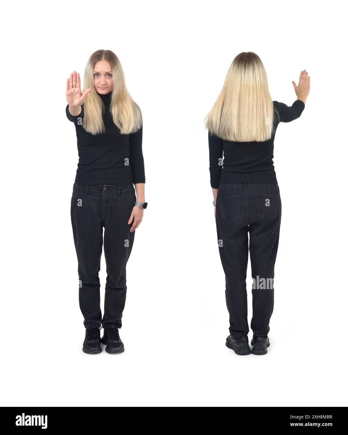 front and back view of same woman showing the stop sign with their ...