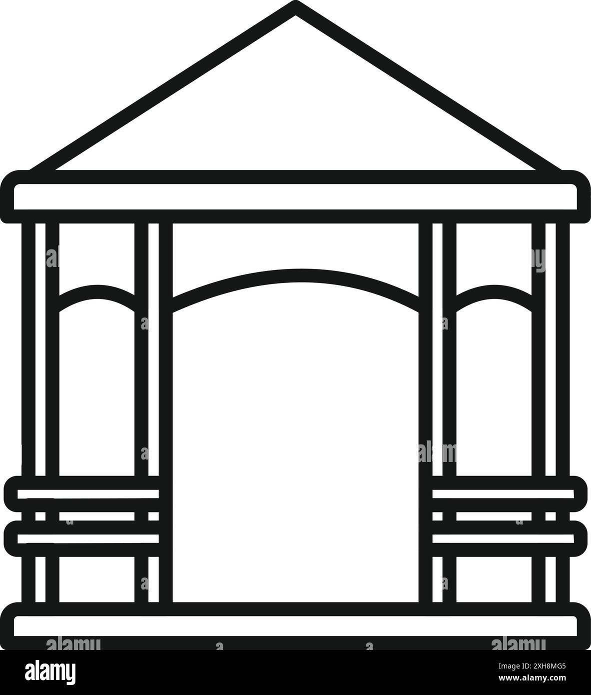 Simple line drawing of a wooden gazebo with benches providing shelter ...