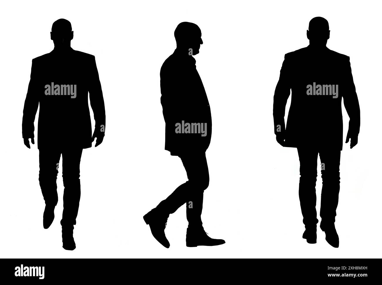 front, side and back view of the same man walking with a jacket Stock ...