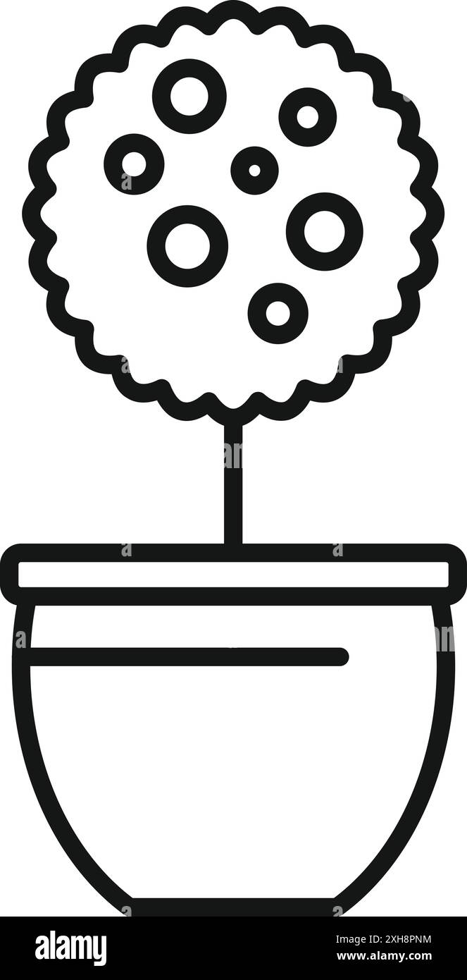 Line drawing of a round shaped tree growing in a pot for garden ...