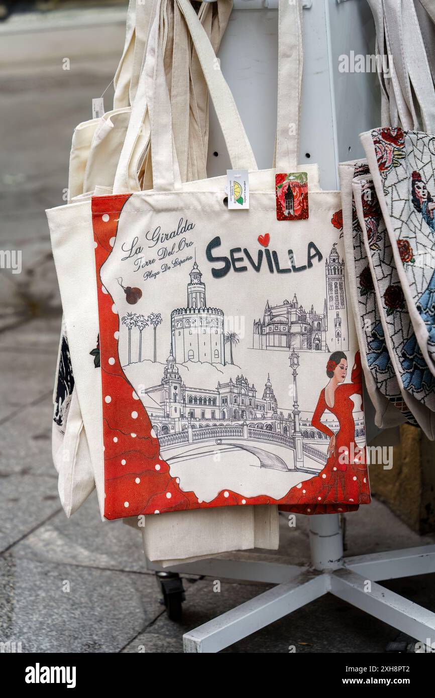 Seville, Spain. February 7, 2024 - Rack with white tote bags featuring ...