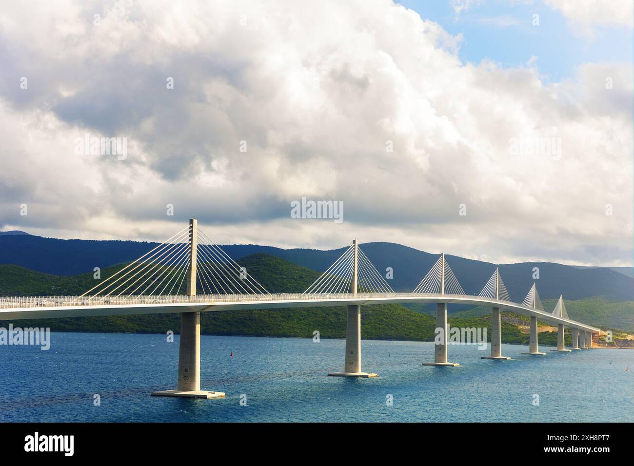 Scenic panoramic view modern multi-span cable-stayed Peljesac Bridge ...