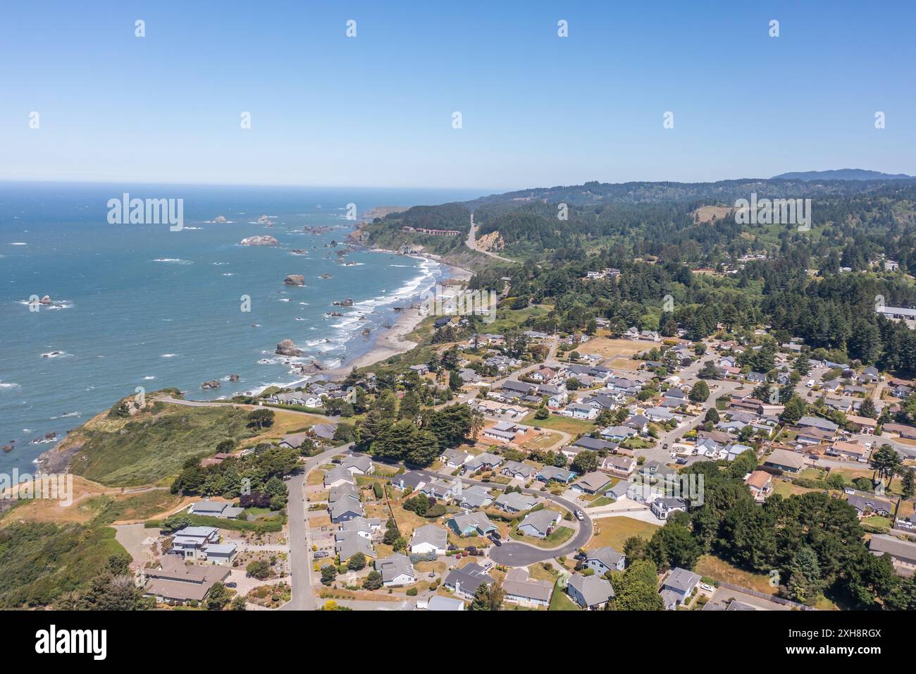 Aerial View of Homes and Harris Beach in Brookings Oregon, Southern ...