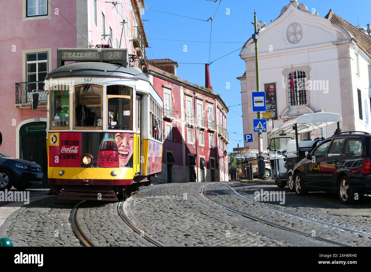 Lisbon, Portugal. April 22. 2024. Famous tram line 28. Historic tramway ...