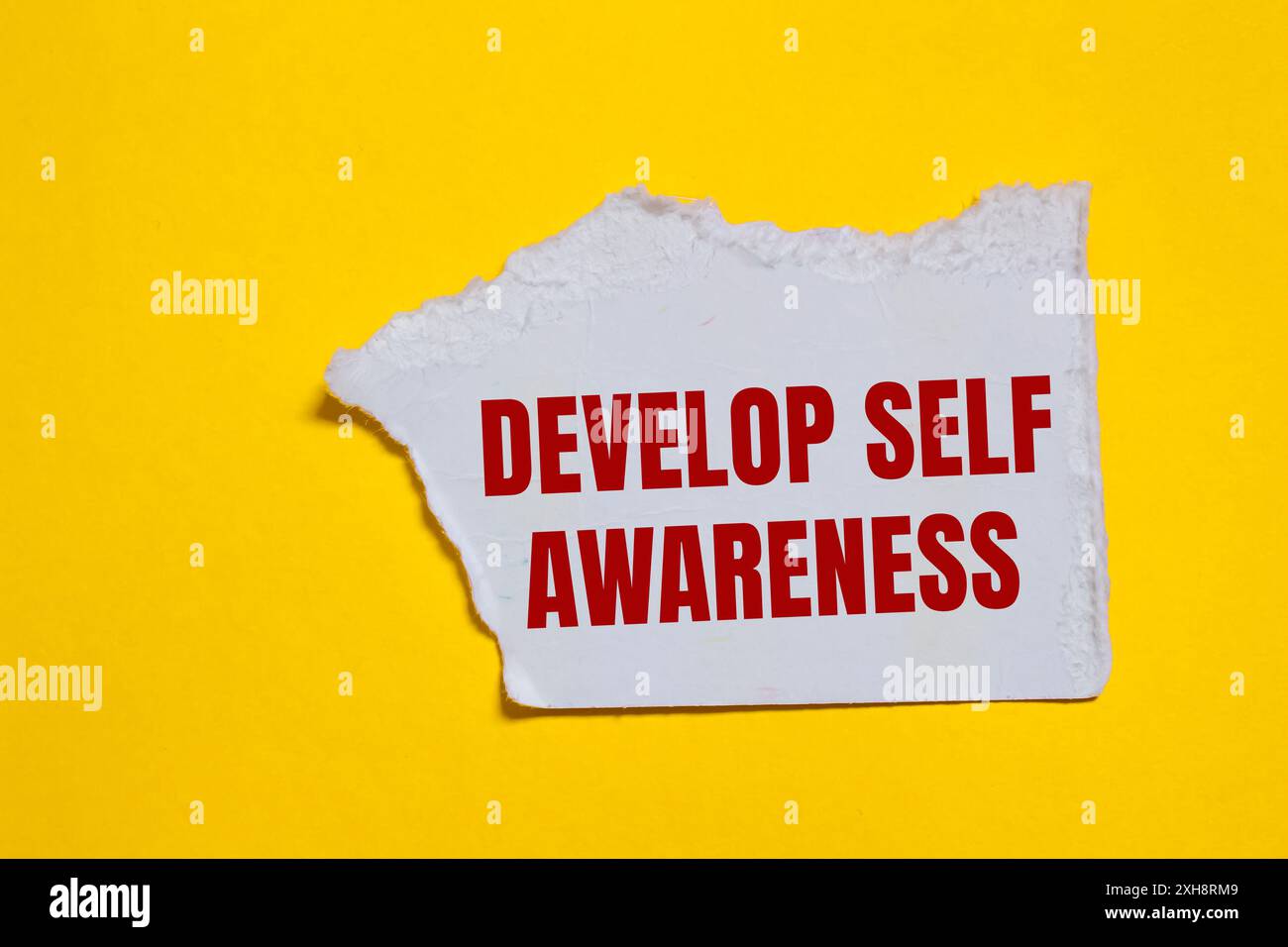 Develop self awareness words written on ripped torn white paper piece ...