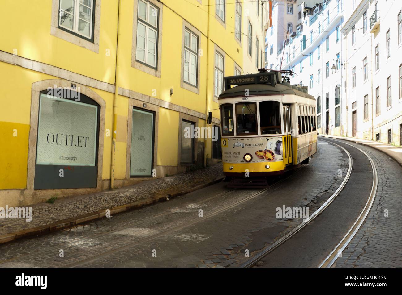 Lisbon, Portugal. April 21. 2024. Famous tram line 28. Historic tramway ...
