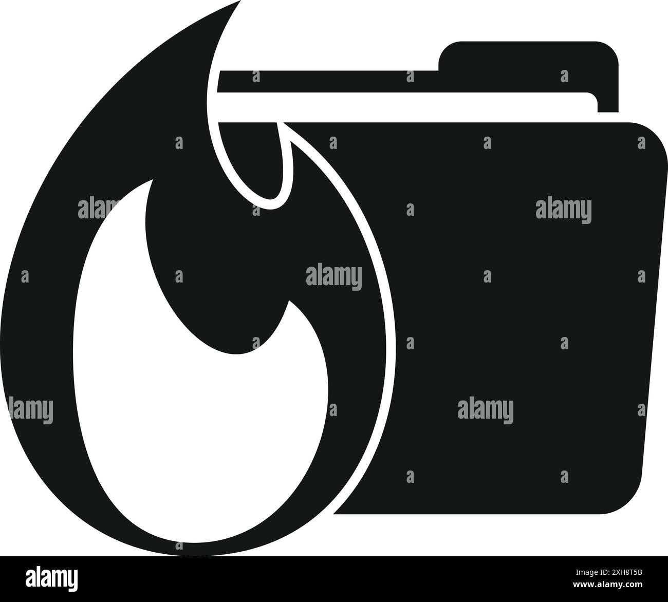 Black silhouette icon of a file folder being consumed by bright flames ...