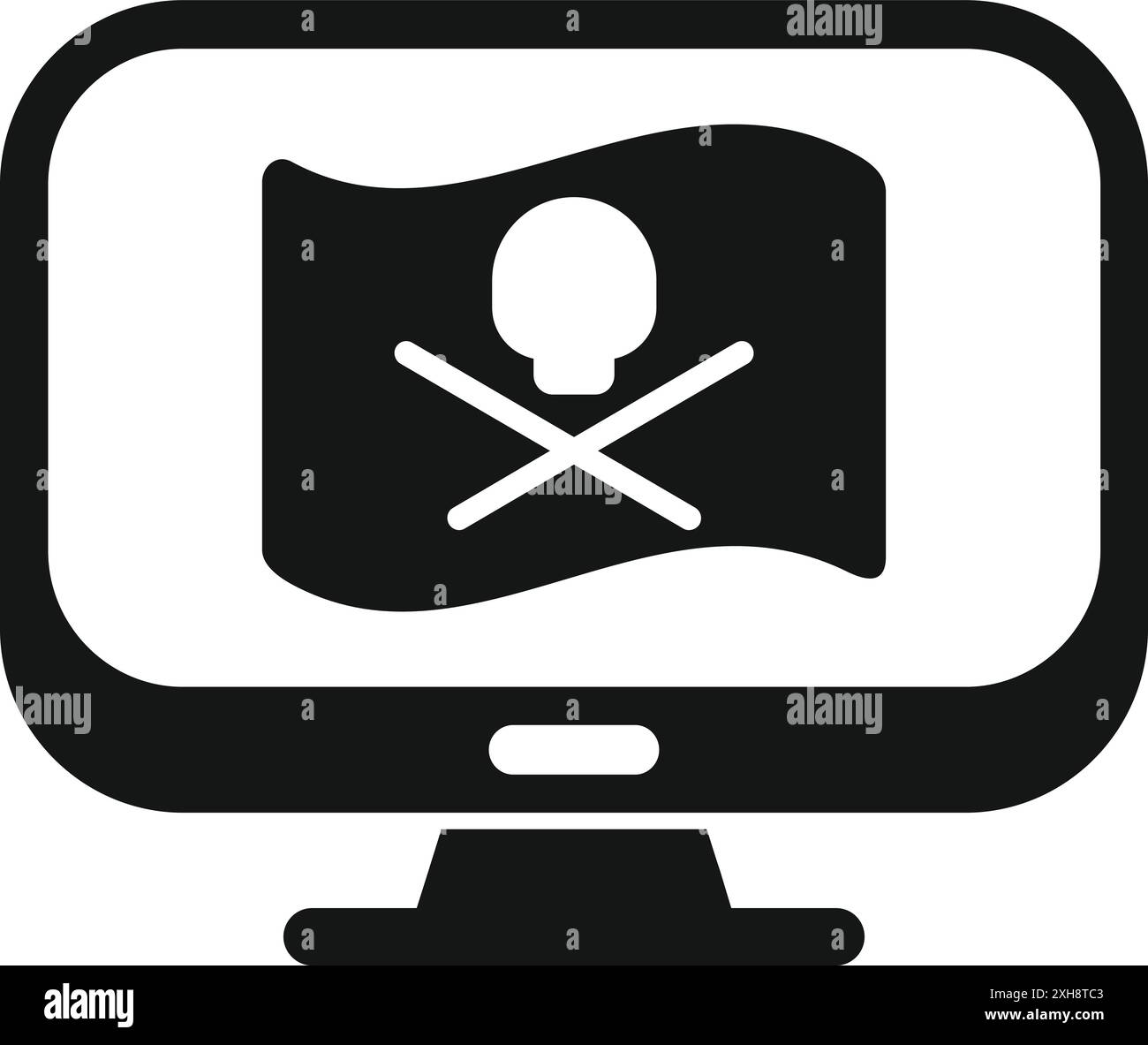 Black and white icon of a computer monitor displaying a pirate flag, representing online piracy ...