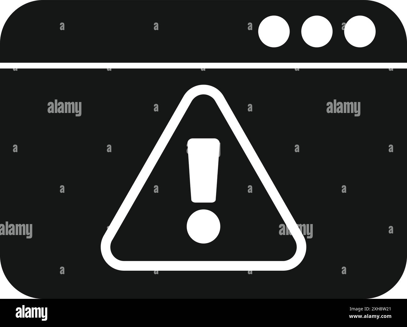 Black and white icon of a computer browser window displaying an error message with an ...