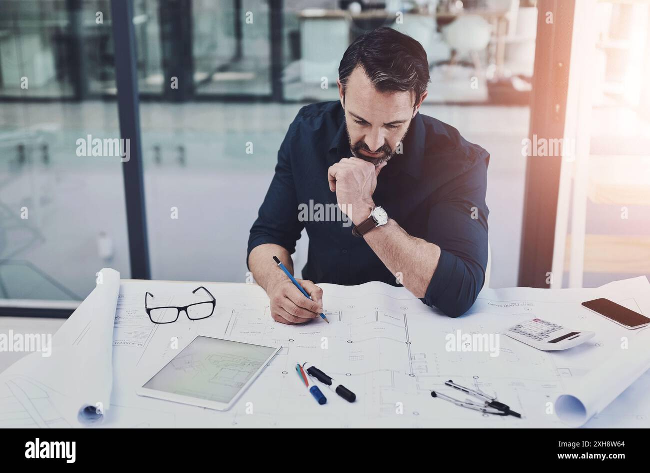 Business, man and architecture office with blue print, building design ...
