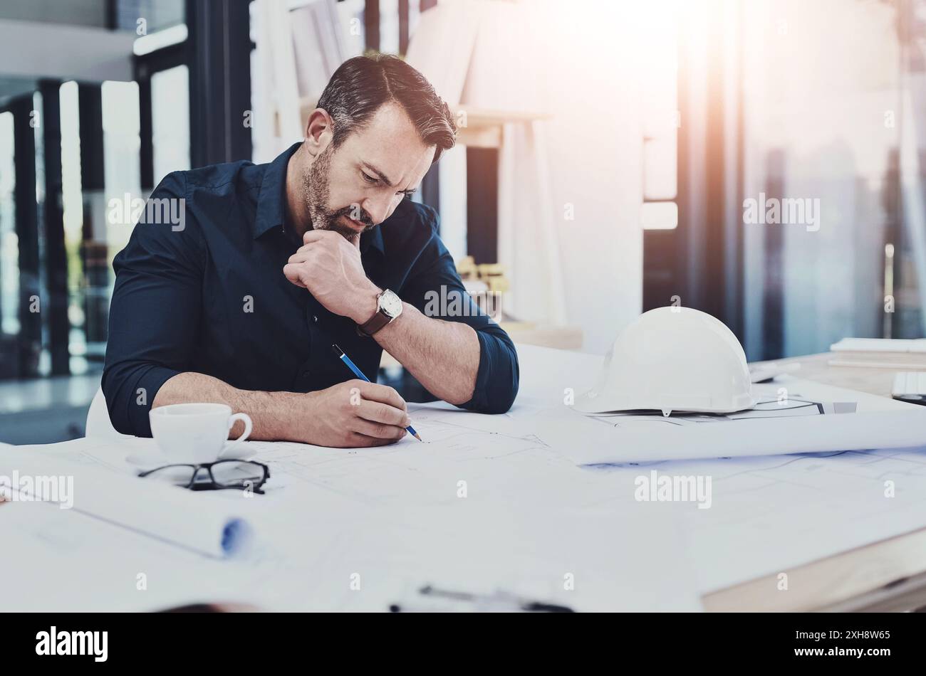 Business, man and architecture office with blueprint, building design ...