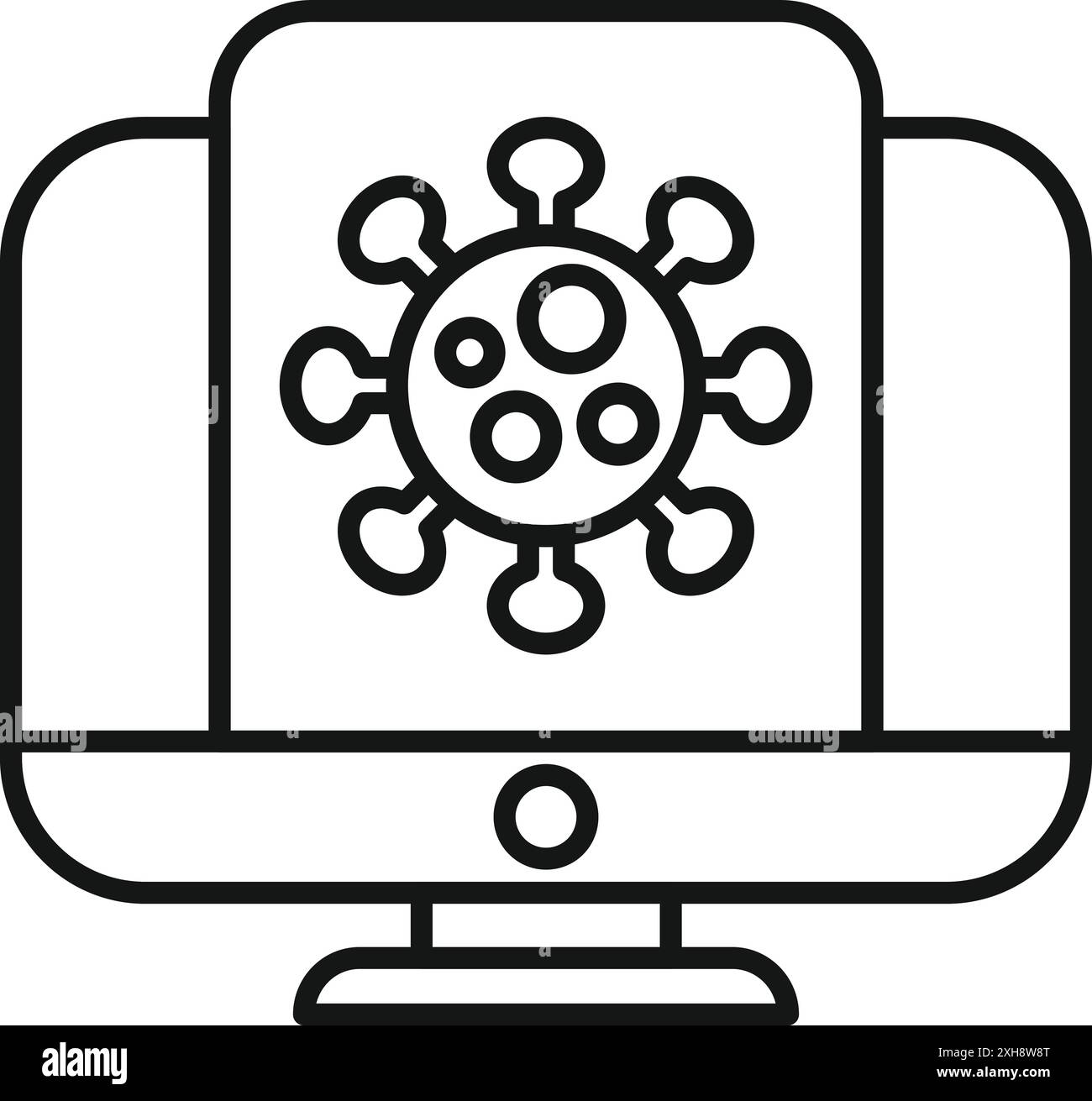 Simple, bold line icon of a computer monitor displaying a virus, representing online virus ...
