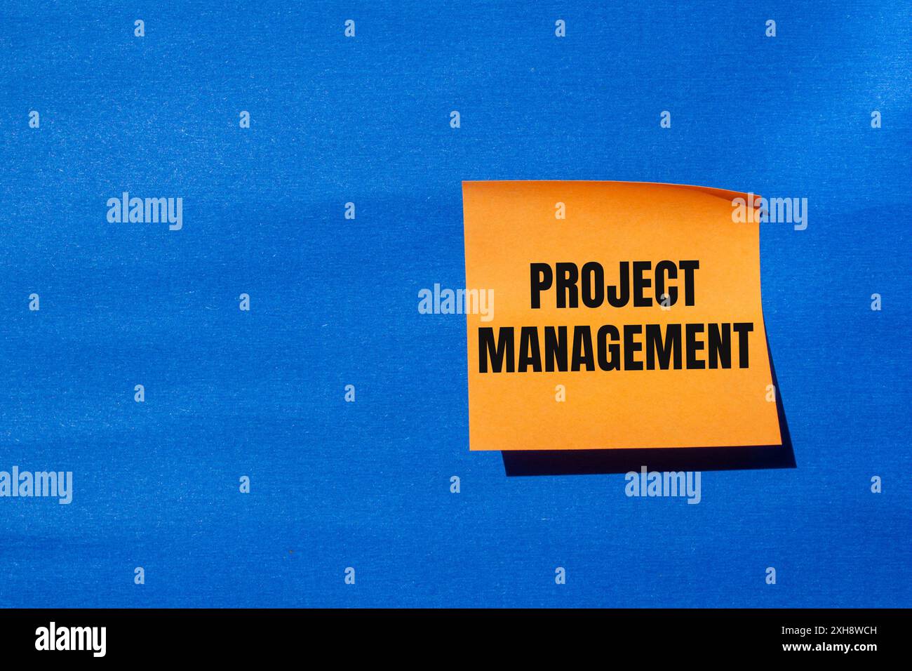 Project management message written on orange paper with blue background ...