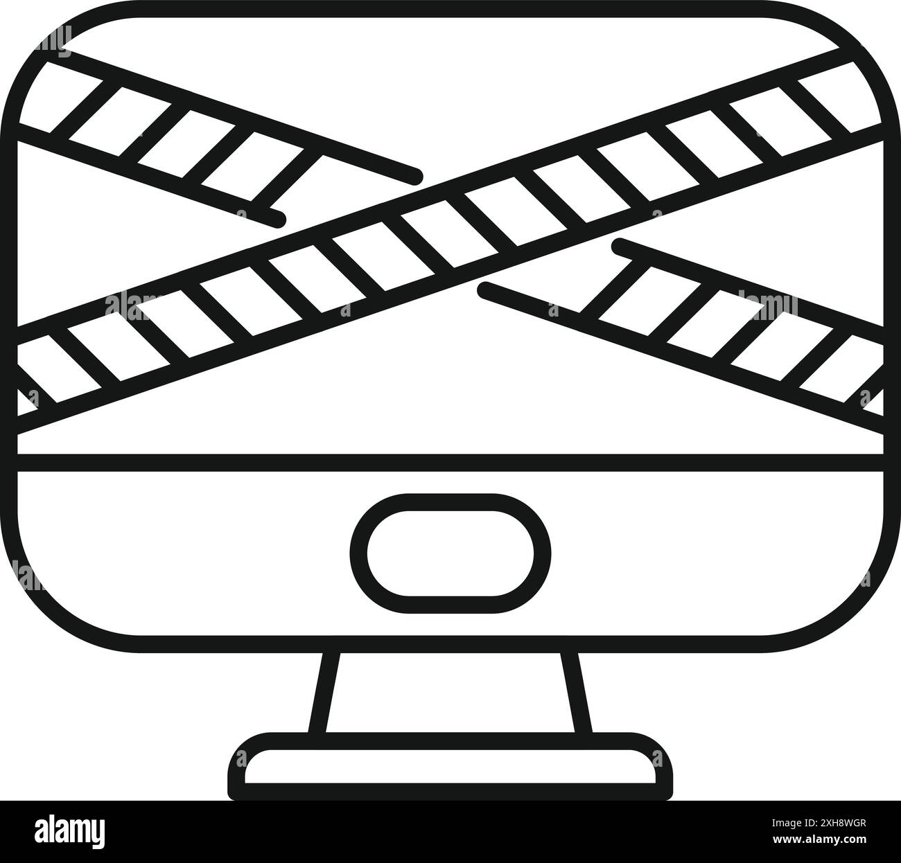 Desktop computer screen with warning tape across it representing cyber ...