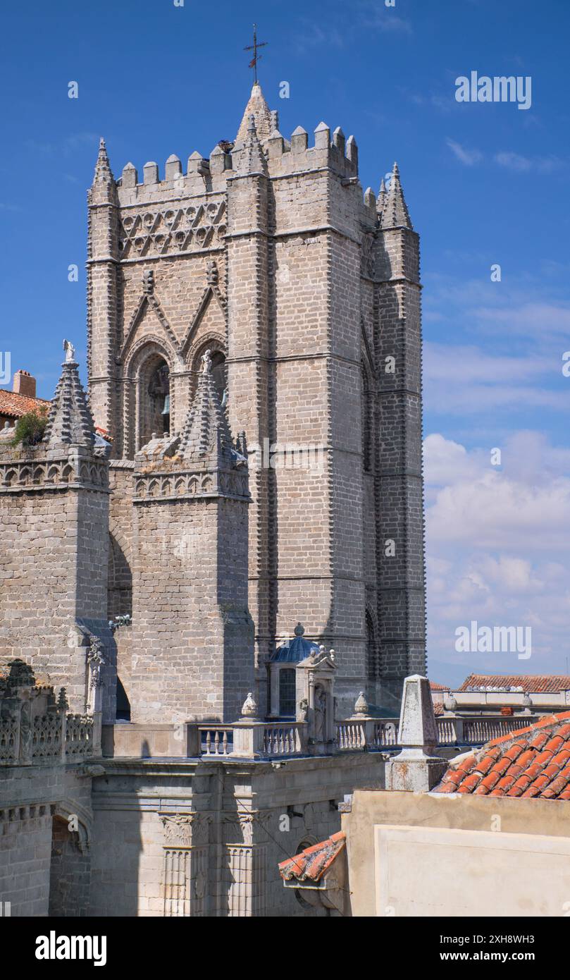 Spain, Castile and Leon, Avila, Avila Cathedral tower viewed from the ...