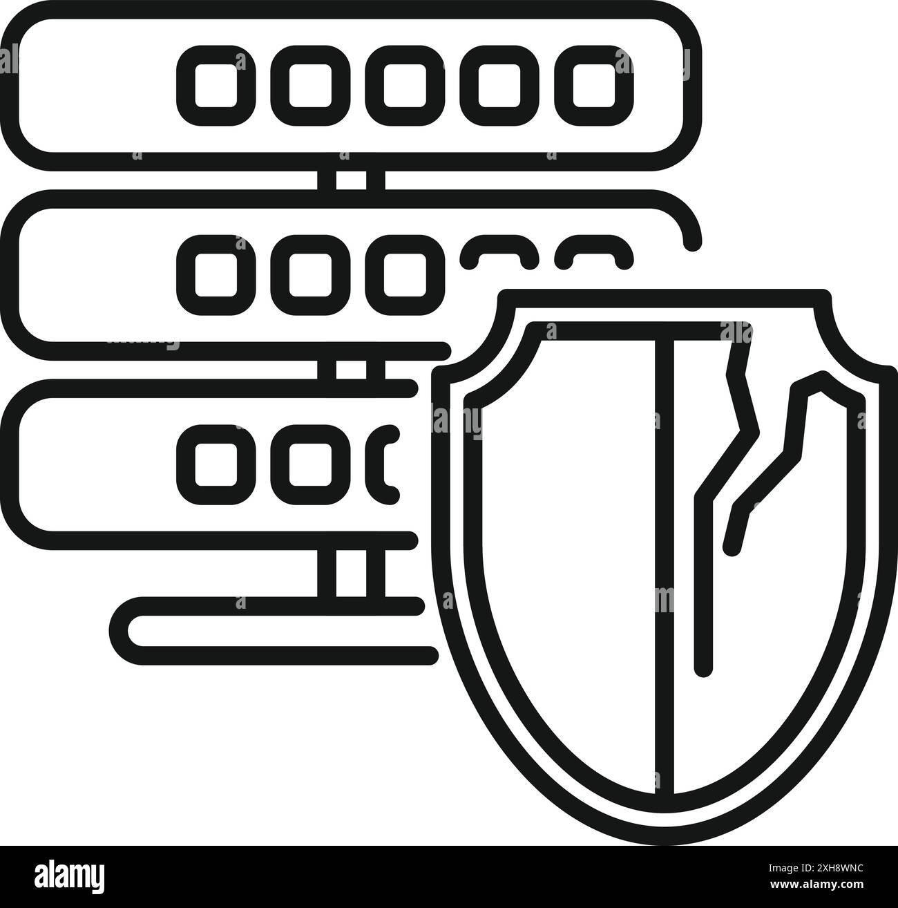 Outline style icon representing a data server security breach with a broken shield Stock Vector ...