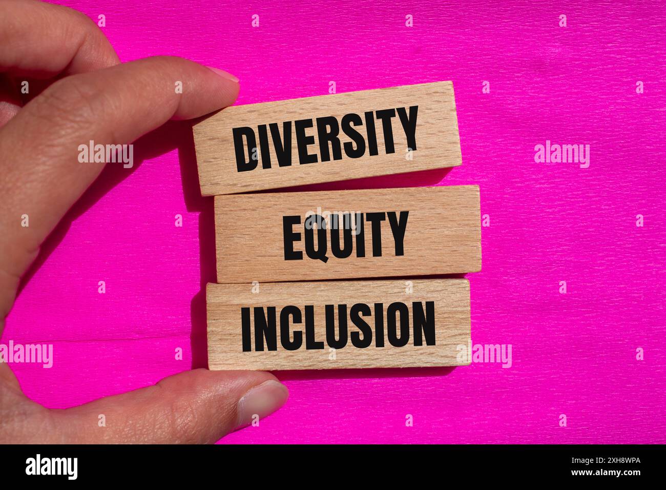 Diversity equity inclusion words written on wooden blocks with pink ...