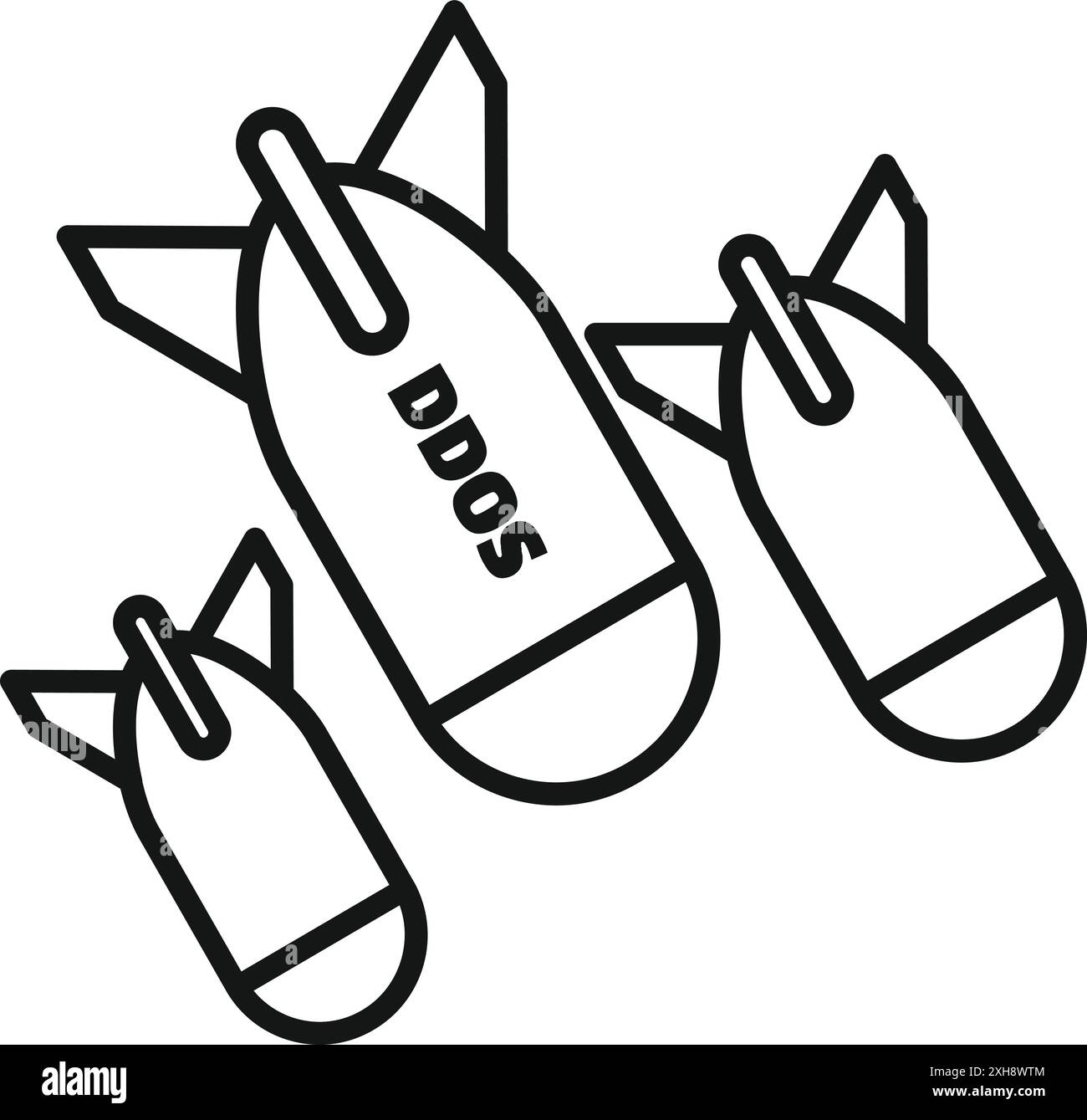 Line art illustration of a ddos attack concept with three bombs falling ...