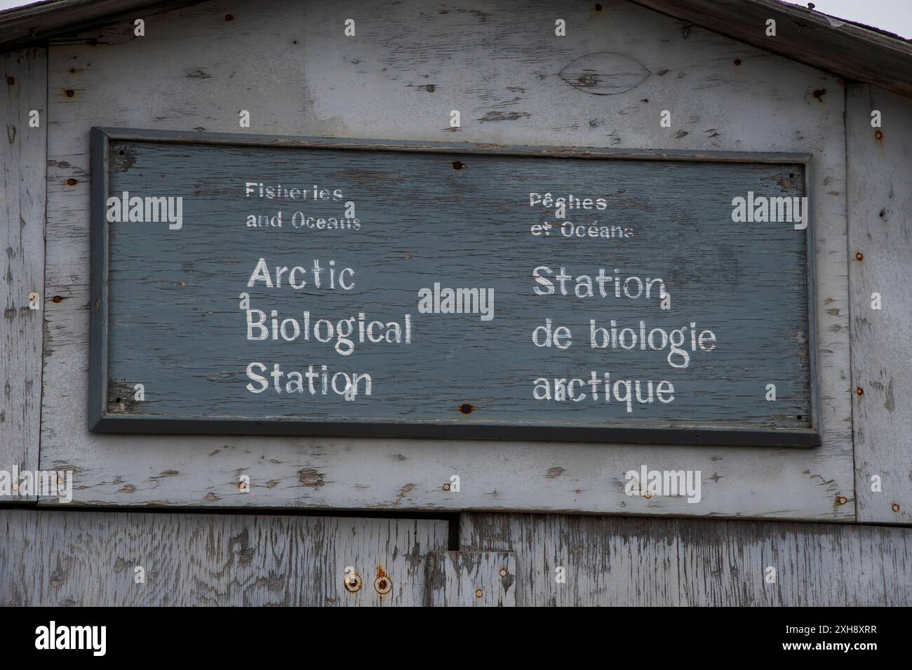 Arctic Biological Station sign on the beach on Frobisher Bay in Iqaluit ...