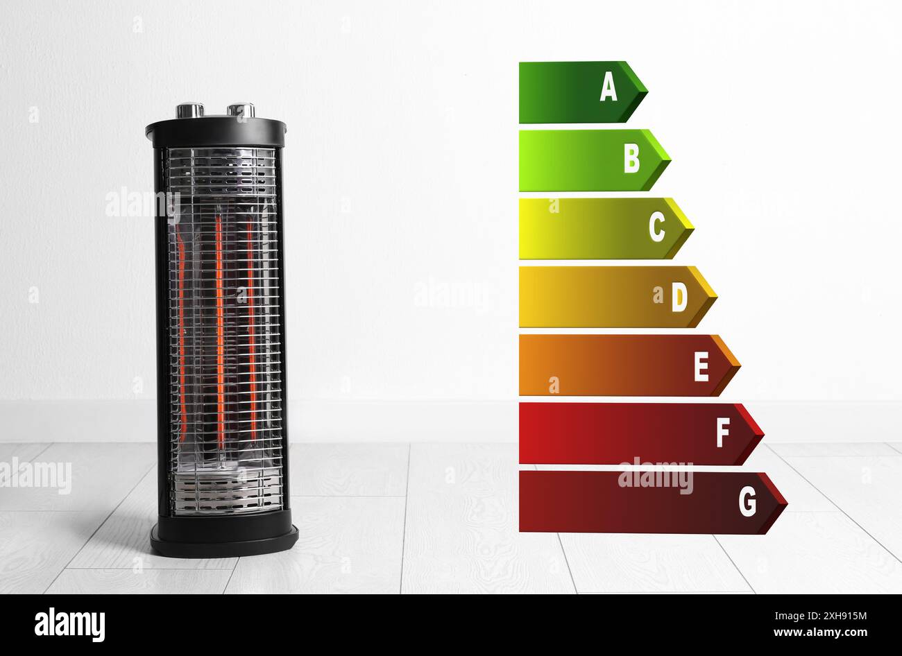 Energy efficiency rating label and electric heater in room Stock Photo ...