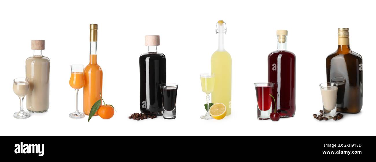 Collection of different tasty liqueurs on white background Stock Photo ...