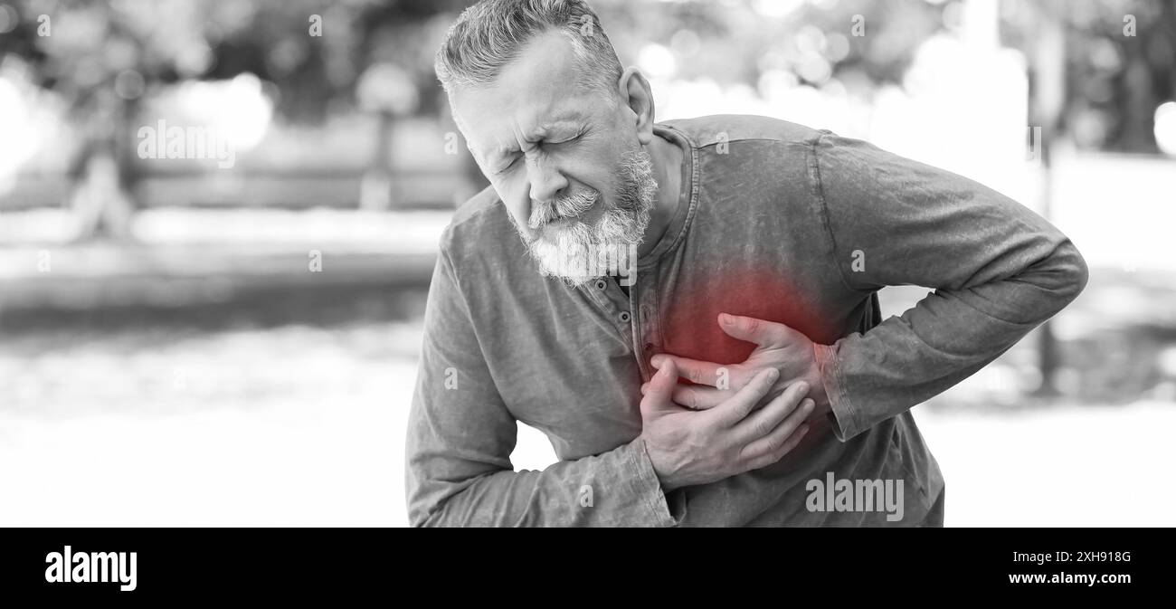 Heart attack. Mature man writhing in pain and pressing hands to chest ...