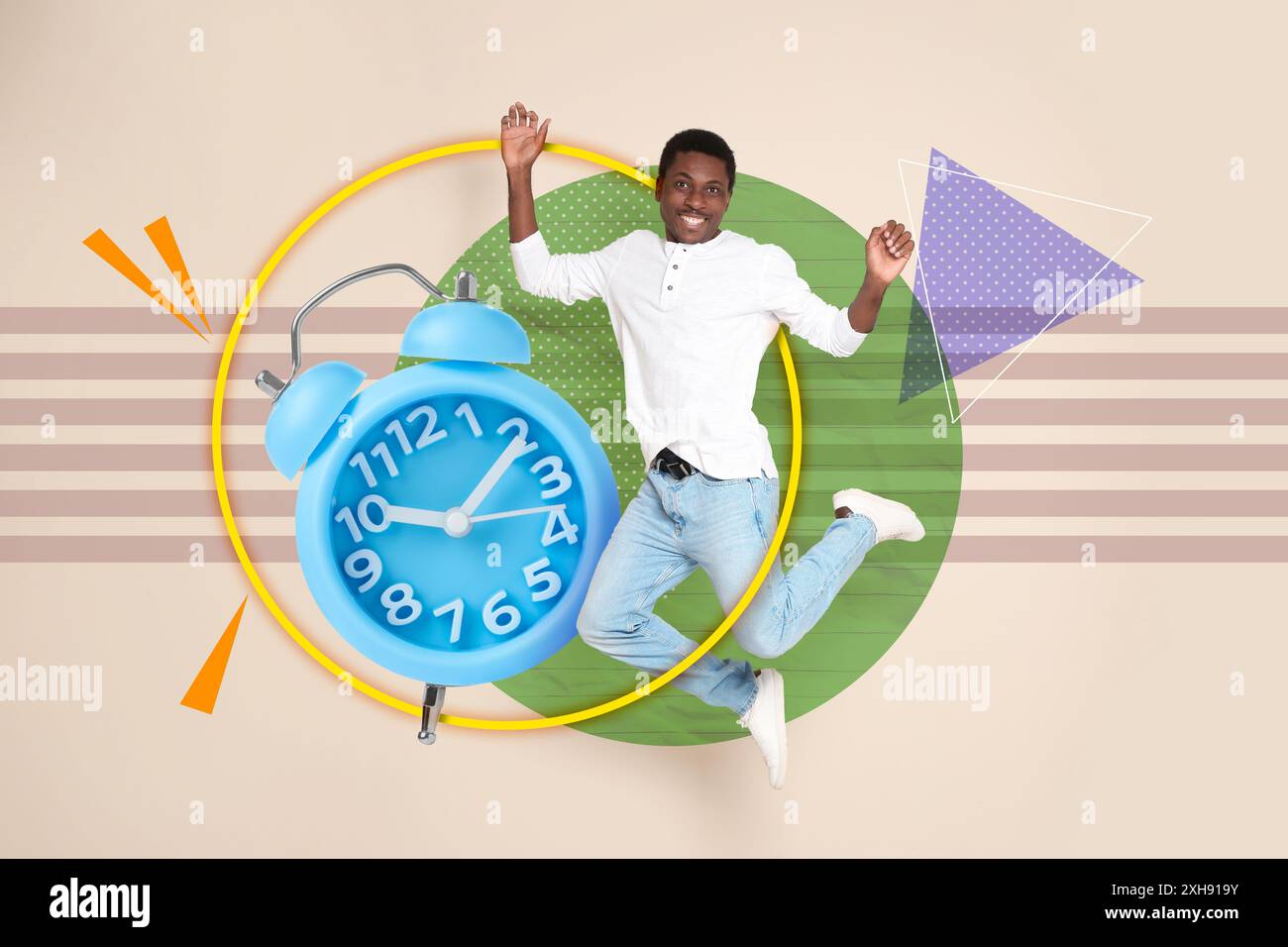 Happy man jumping near alarm clock on color background, creative ...