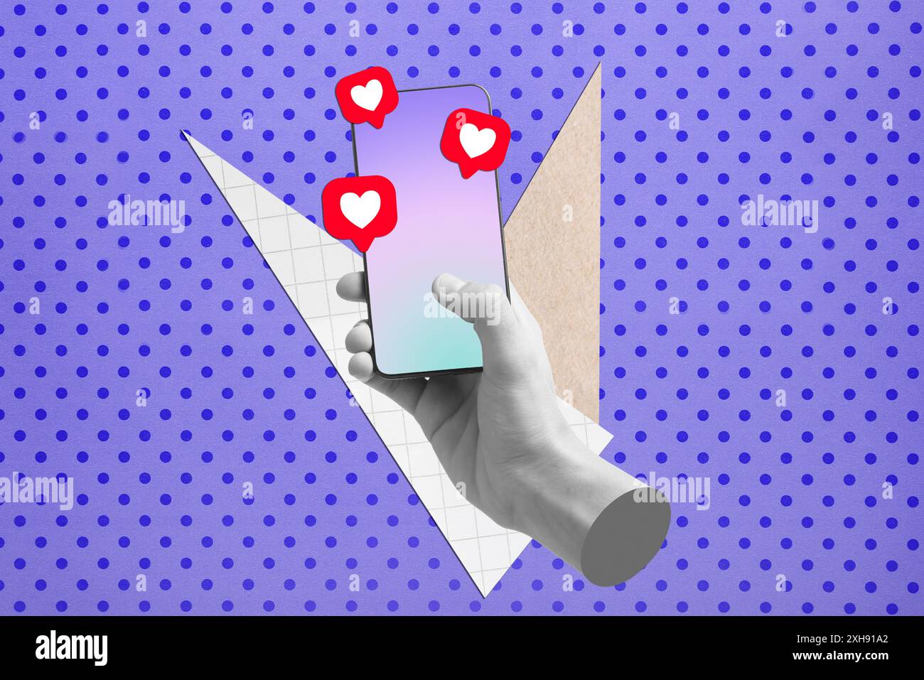 Art collage with smartphone in man's hand on color background ...