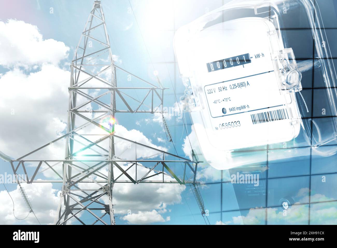 Electricity meter and high voltage tower, double exposure Stock Photo ...