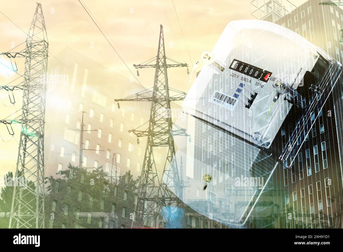 Electricity meter, building and high voltage towers, multiple exposure ...