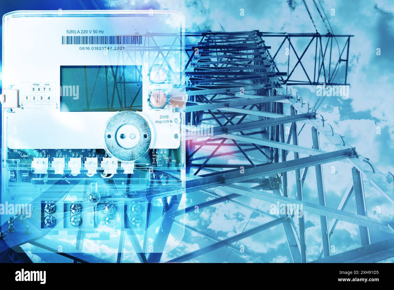 Electricity meter and high voltage tower, double exposure Stock Photo ...