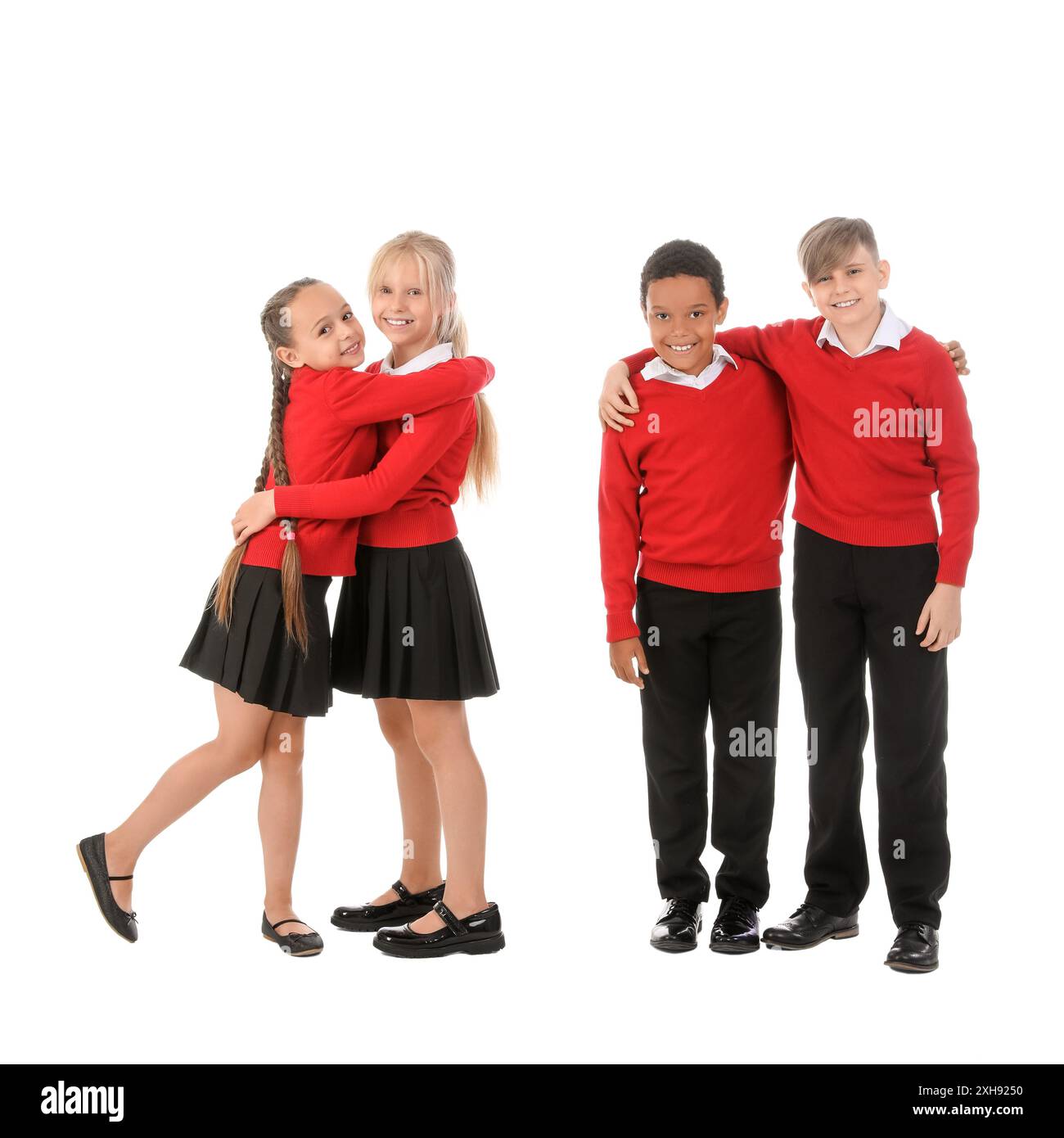 Little classmates in stylish uniform isolated on white background Stock ...