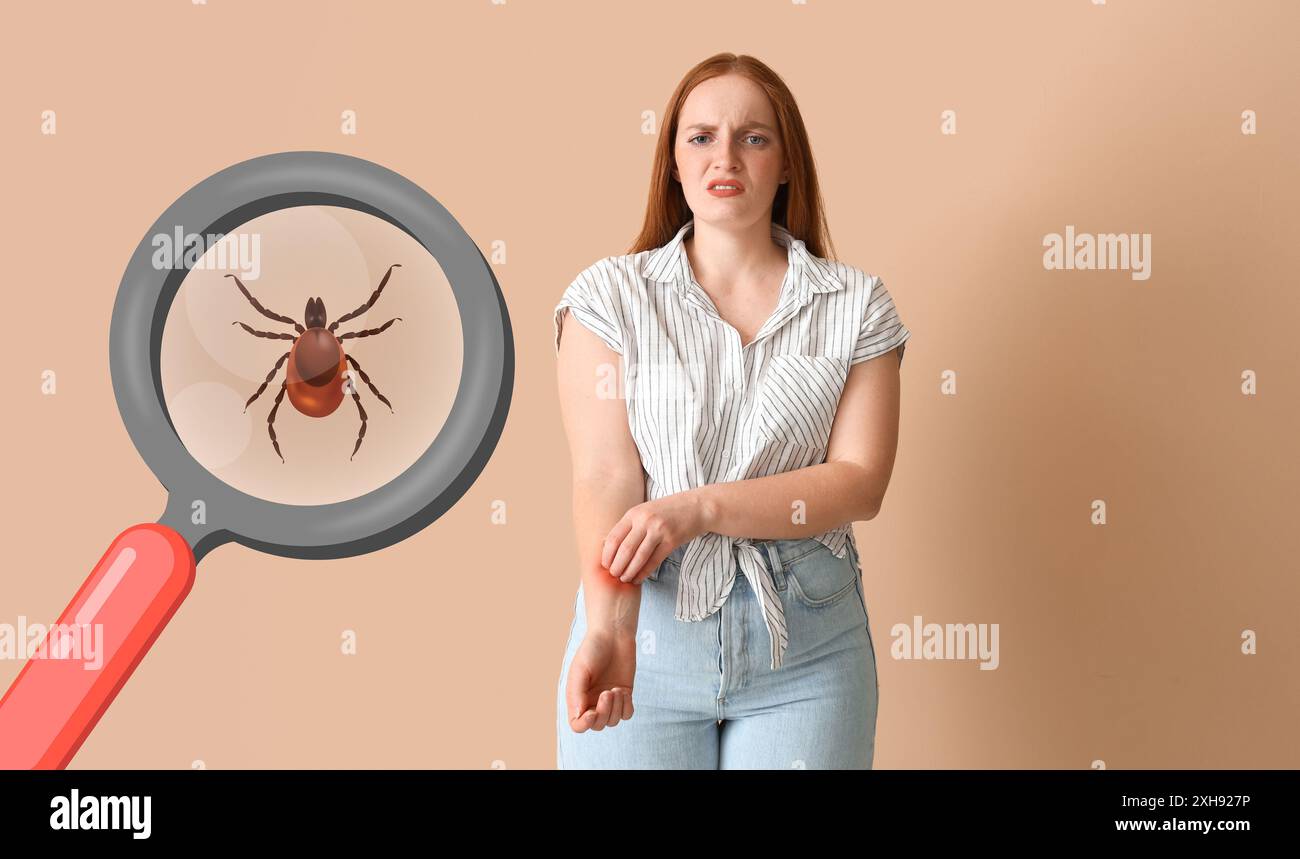 Young woman scratching her skin and tick visible through magnifying ...