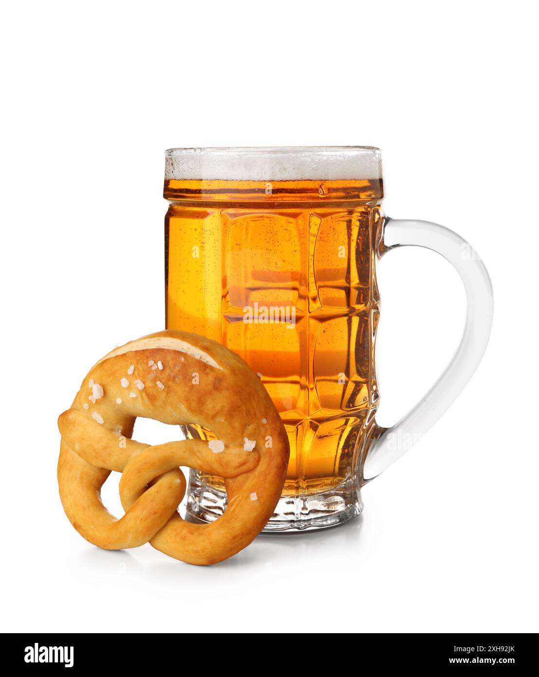 Soft pretzel and glass of beer on white background Stock Photo - Alamy